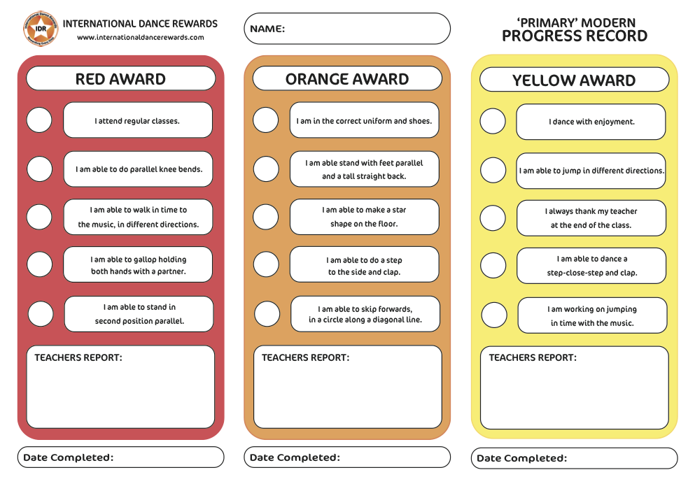 International Dance Rewards | Progress Record Cards